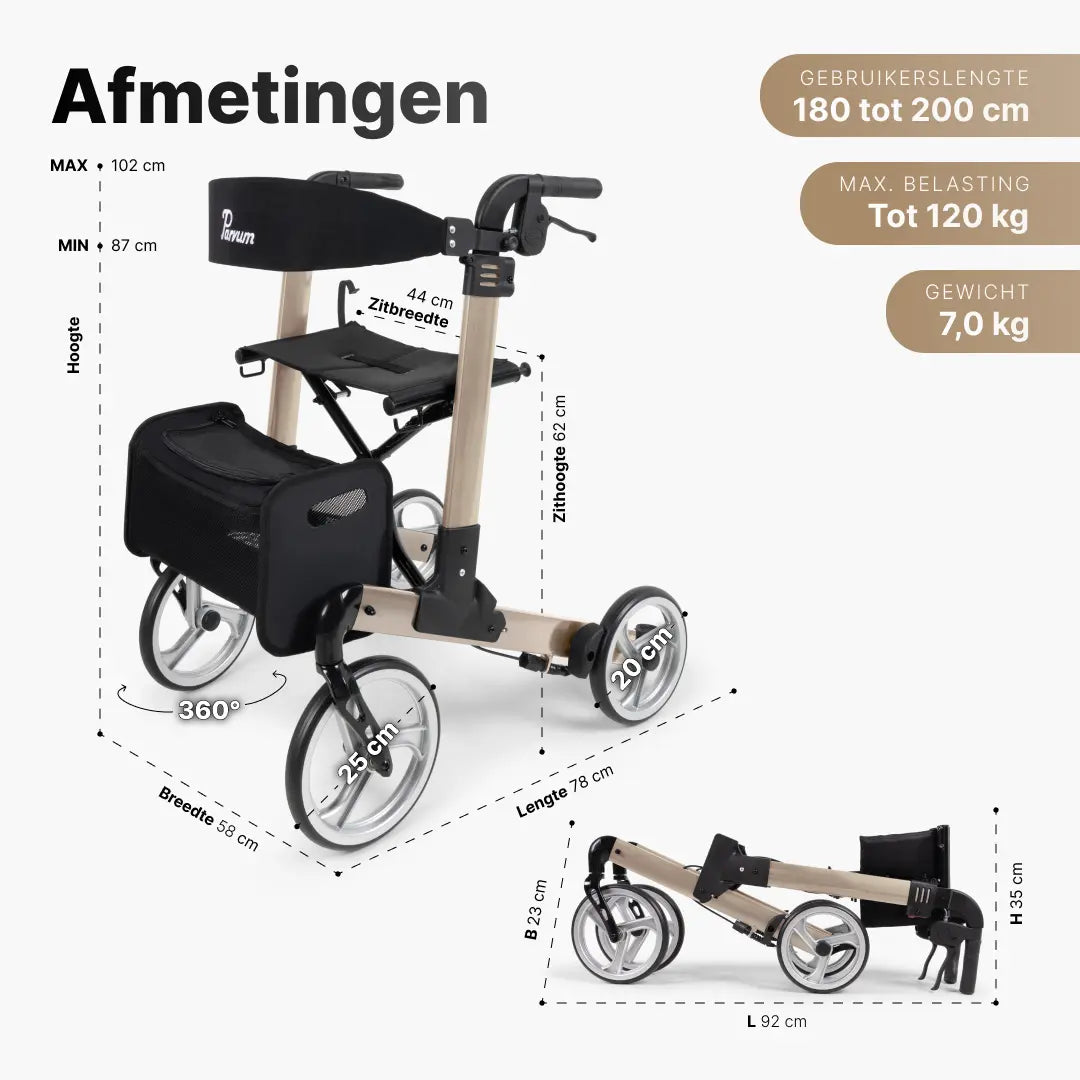 Rollator Luxo - Dubbel Opvouwbaar (Champagne, L) | Parvum